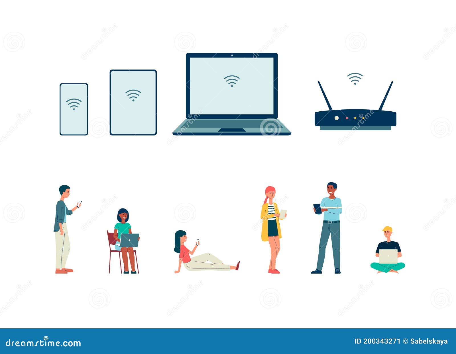 Remote Internet Connection Set with People, Flat Vector Illustration ...
