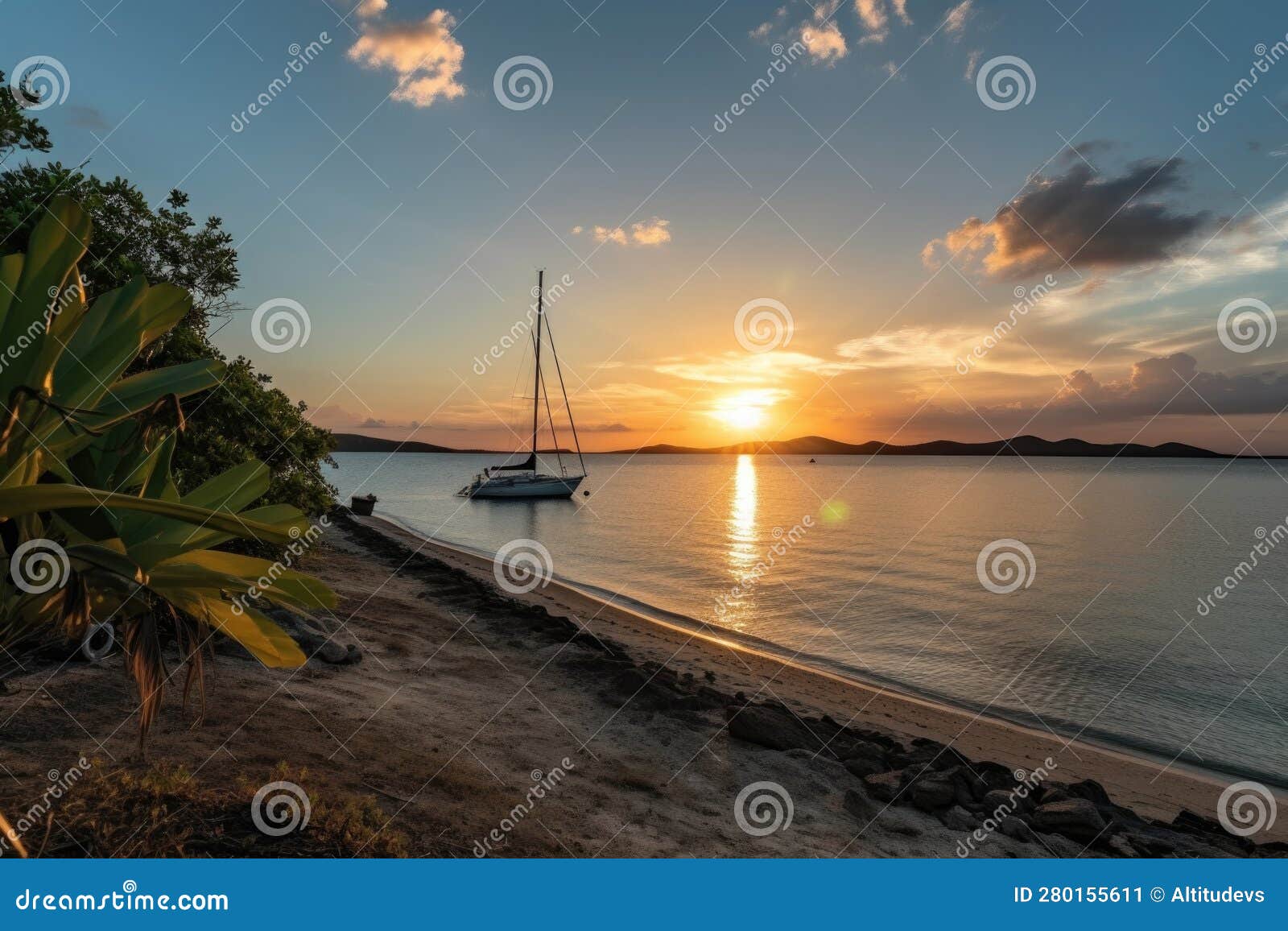 Remote Island Beach, with View of the Setting Sun, and Sailboat in the ...