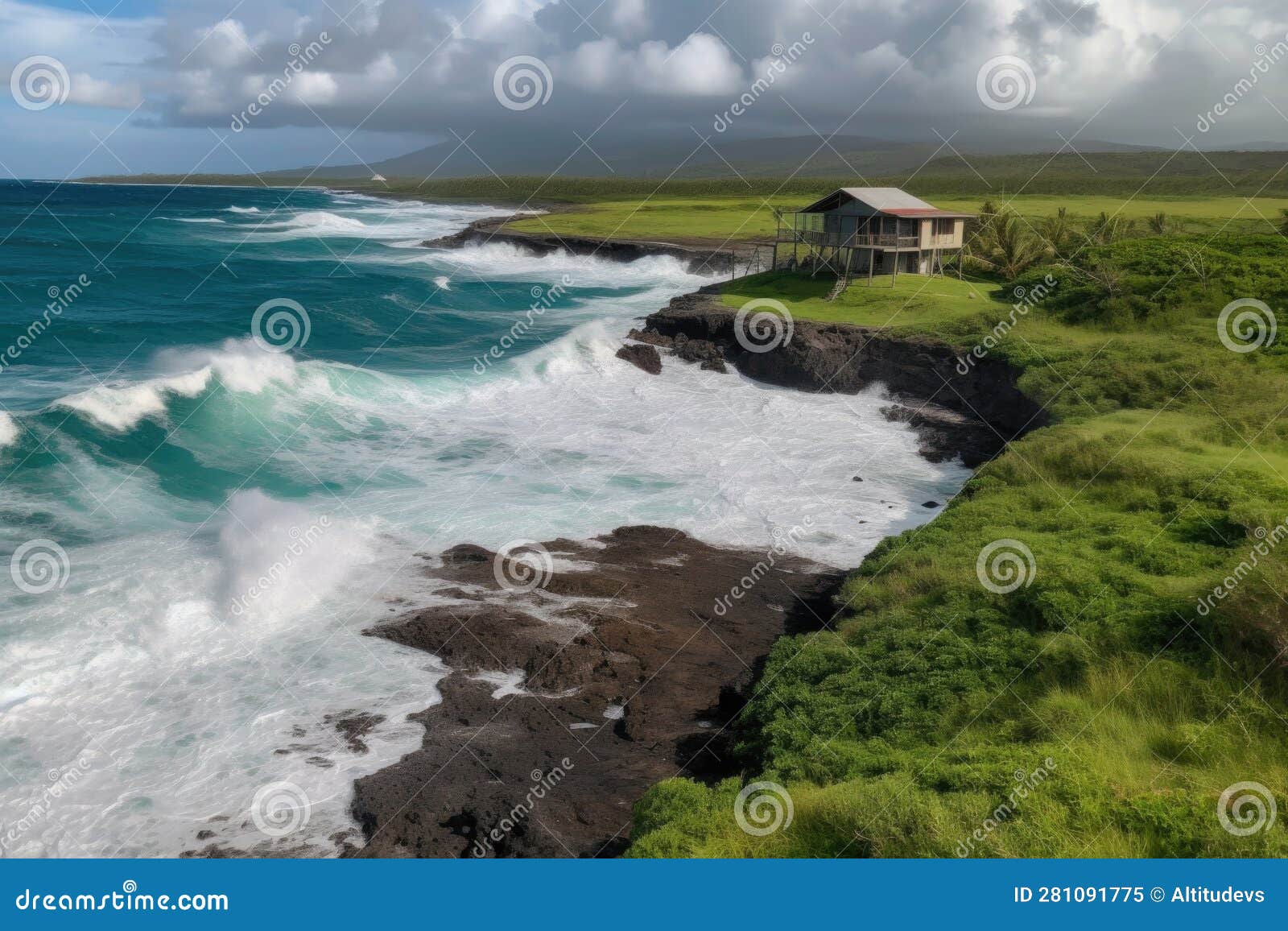 Remote Island Getaway with View of Crashing Waves and Clouds Stock ...