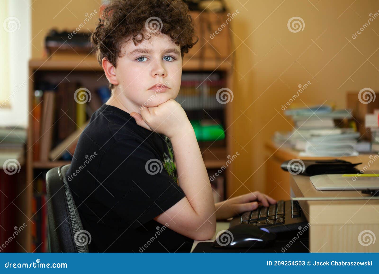 Remote, Distance Learning - Boy Using Computer at Home Stock Image ...