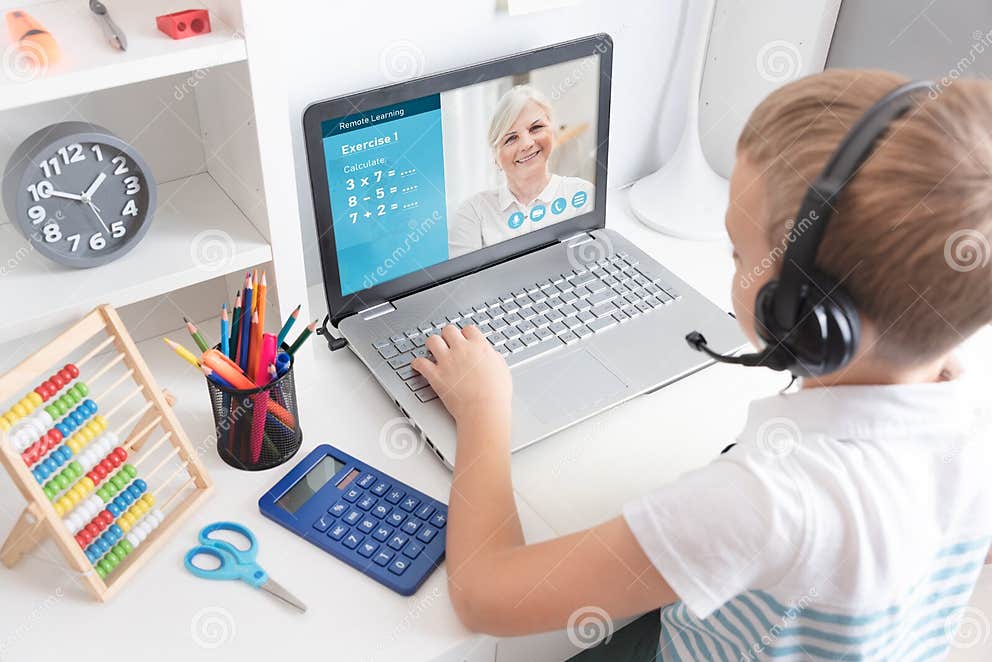 Remote Learning Concept with Boy Using Laptop Stock Photo - Image of ...
