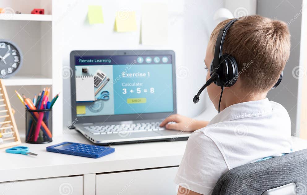 Remote Learning Concept with Boy Using Laptop Stock Image - Image of ...