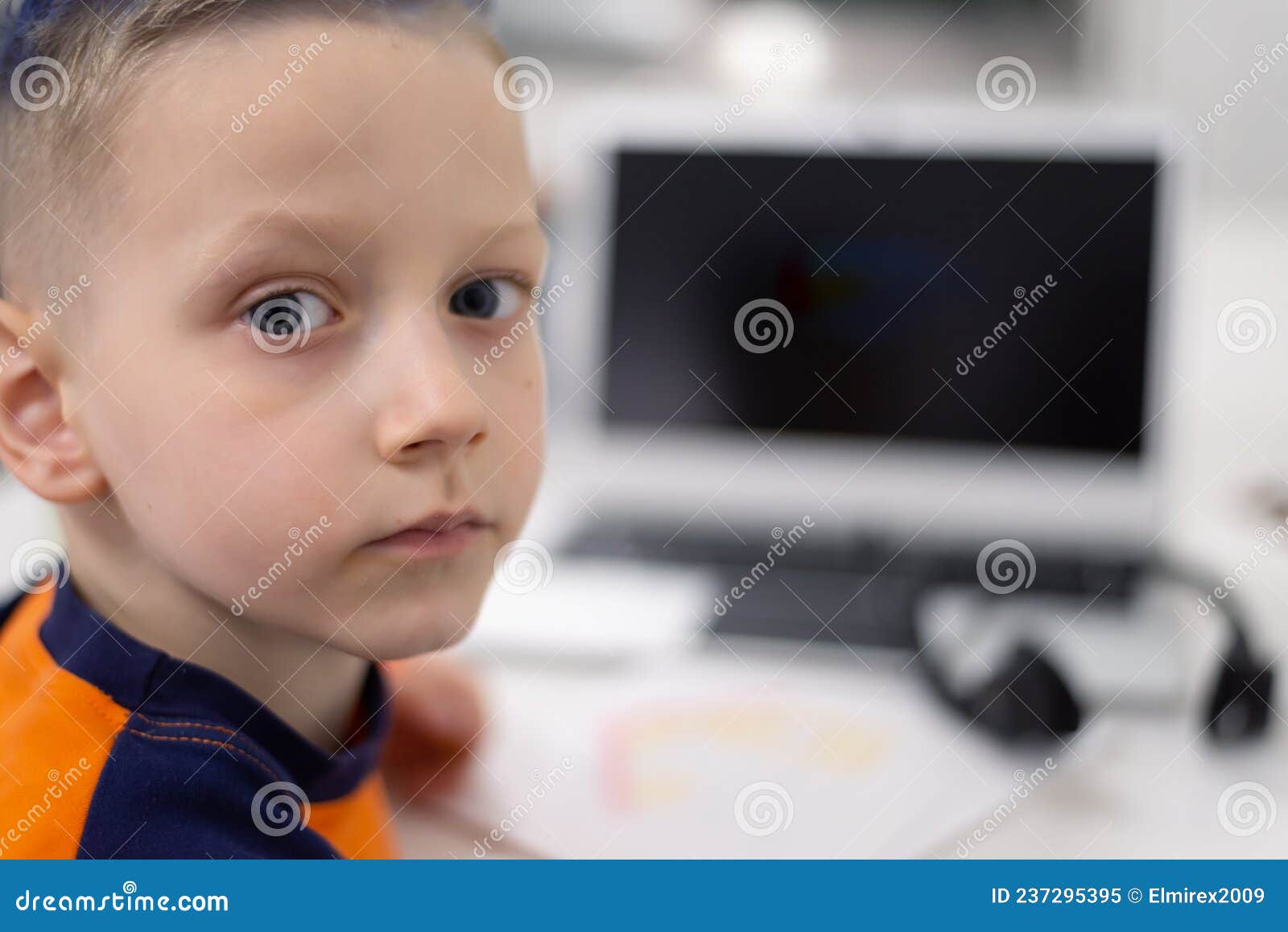 Remote Learning Concept with Boy Using Laptop. Little Boys Attending To ...