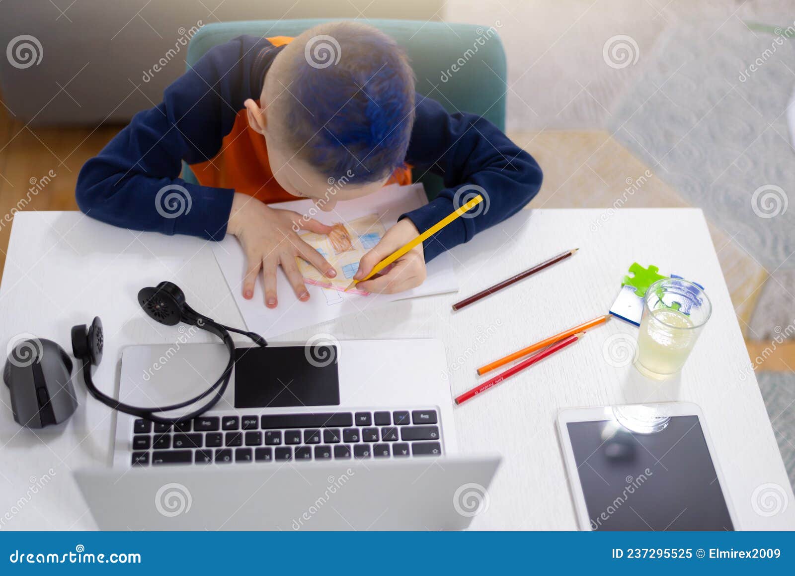 Remote Learning Concept with Boy Using Laptop. Little Boys Attending To ...