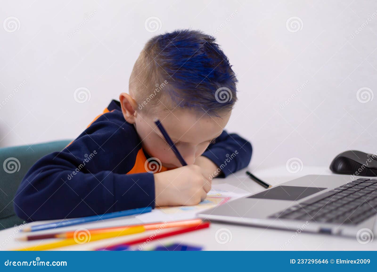 Remote Learning Concept with Boy Using Laptop. Little Boys Attending To ...