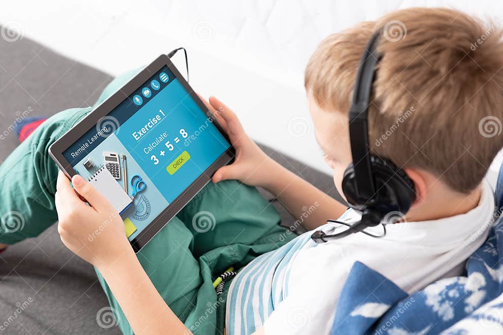 Remote Learning Concept with Boy Using Laptop Stock Image - Image of ...