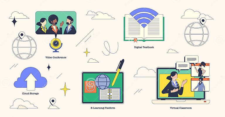 Remote Learning and Platform for Digital Study Tiny Neubrutalism Collection Stock Illustration ...