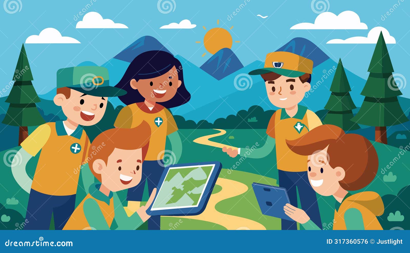 In a Remote Location a Group of Scouts Gathers Around a Tablet To Plot ...