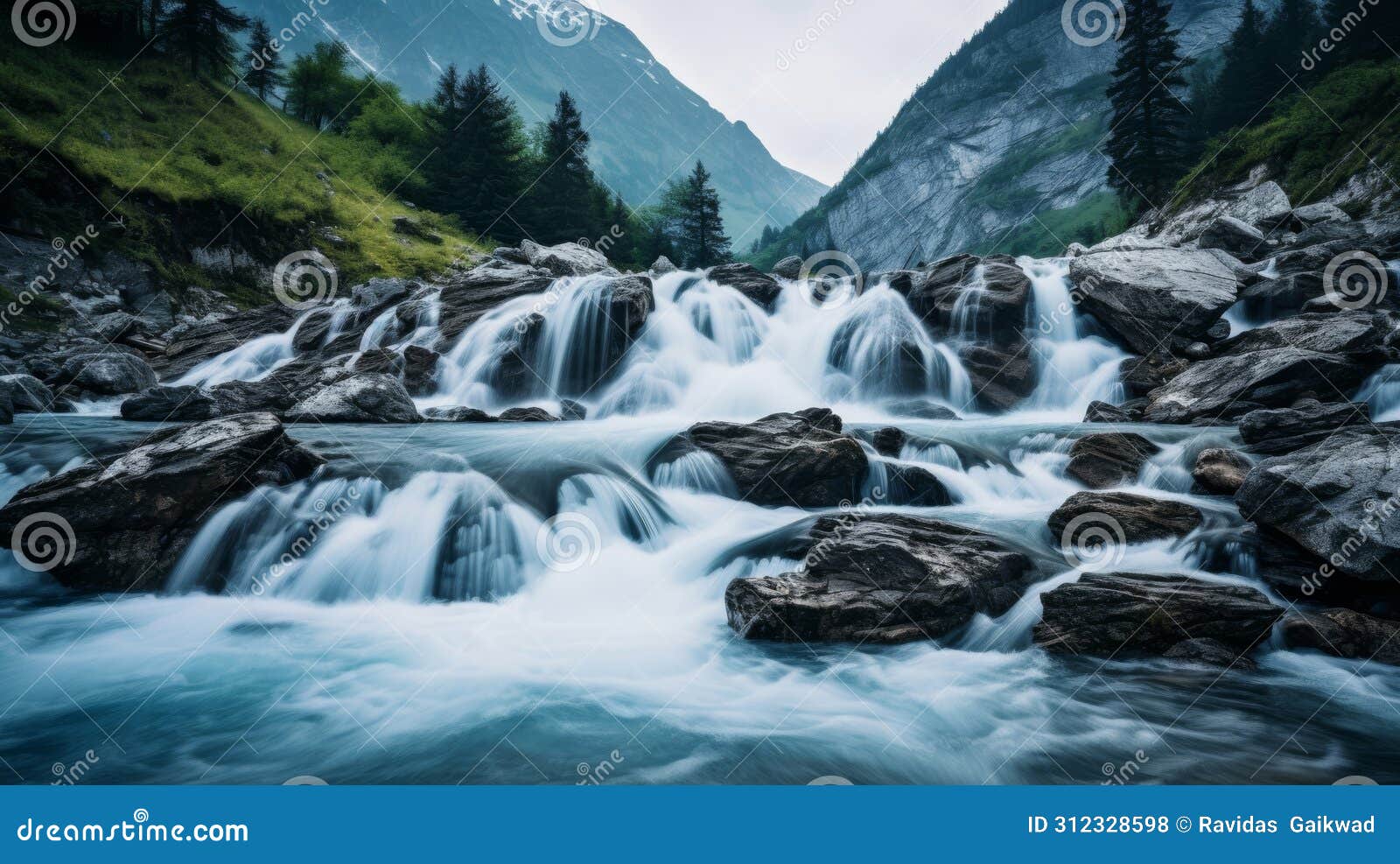 Remote Mountain River with Cascading Waterfalls and Trees Stock ...