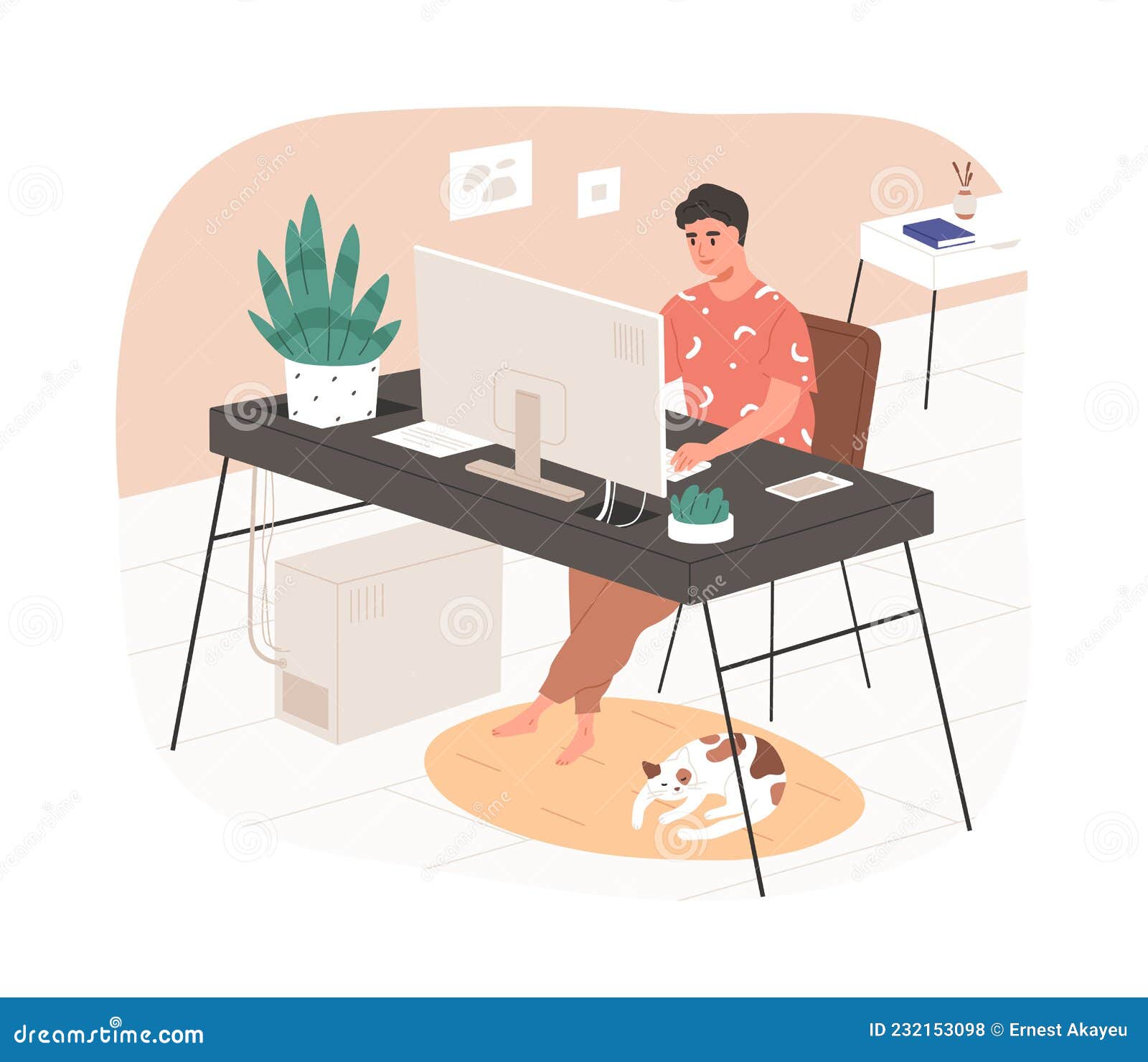 Freelancer Is Working At Home With Laptop, Top View. Concept Of Remote ...