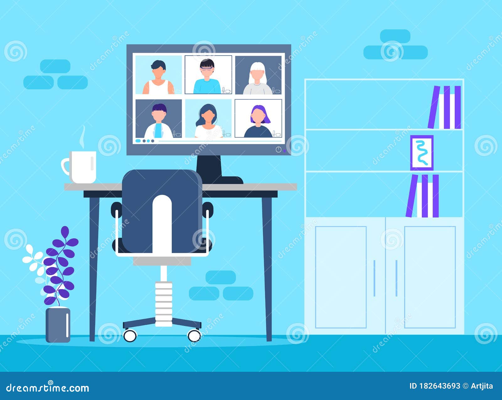 Remote School Class is Studying. Video Call Conference Concept Vector ...