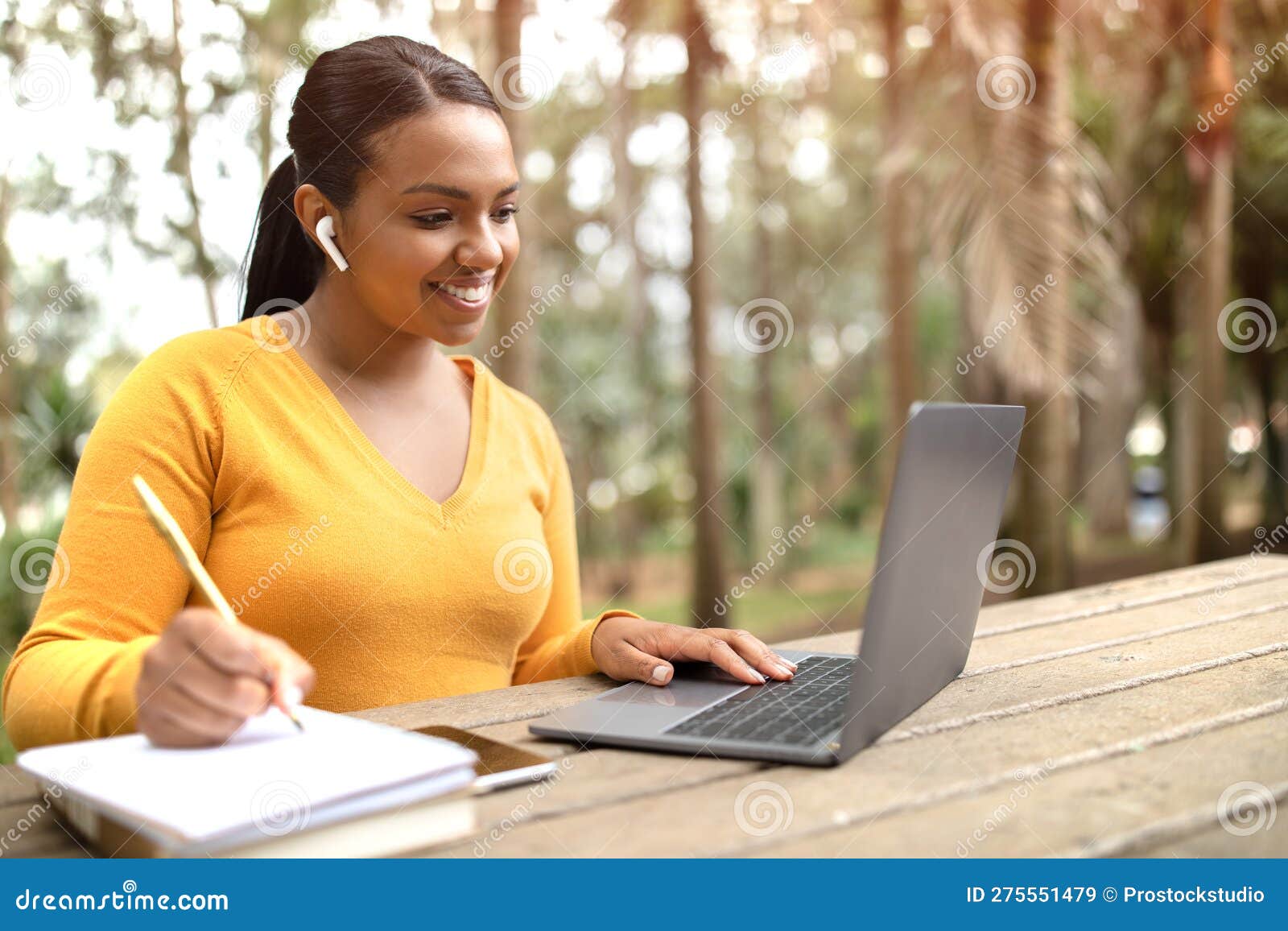 Remote Study. Excited Lady with Laptop Preparing for Exam Outdoors ...