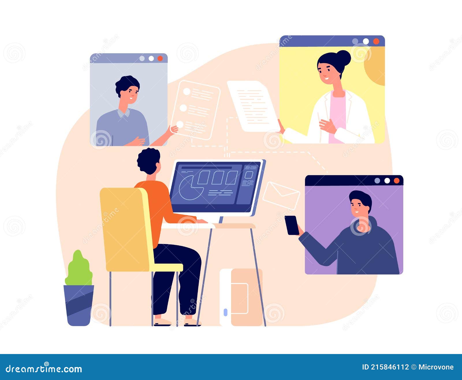 Remote Teamwork Together. Virtual Video Call, Conference Team Meeting ...