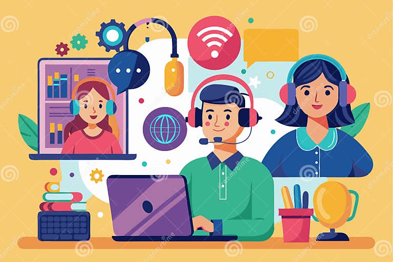 A Remote Technical Support Team Engages with Clients Using Headsets and ...