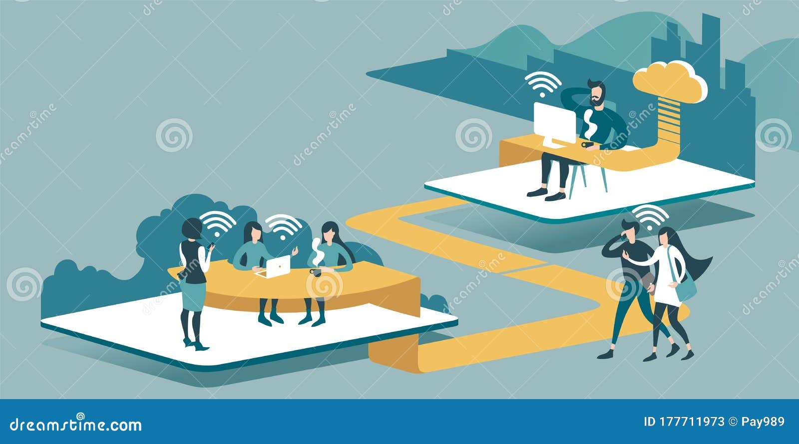Remote Work with Cloud Technology Stock Vector - Illustration of ...