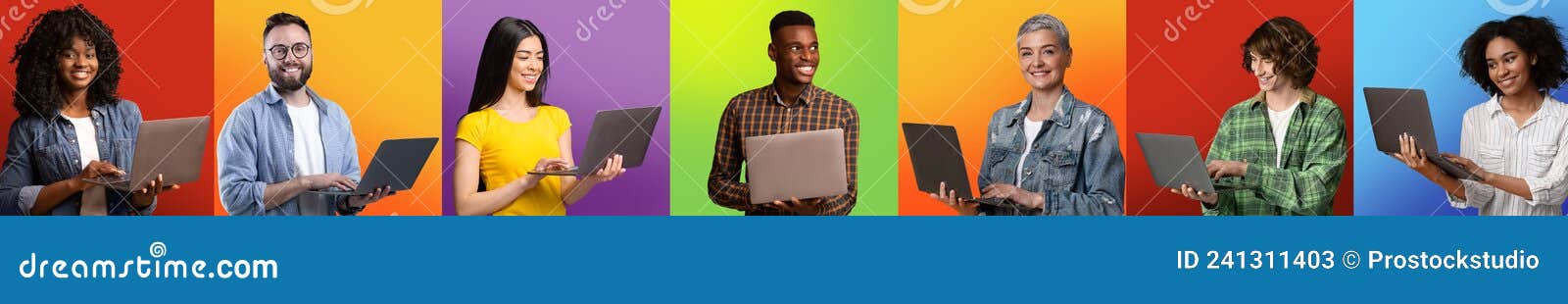 Remote Work Concept. Diverse Multiethnic People with Laptops Posing ...