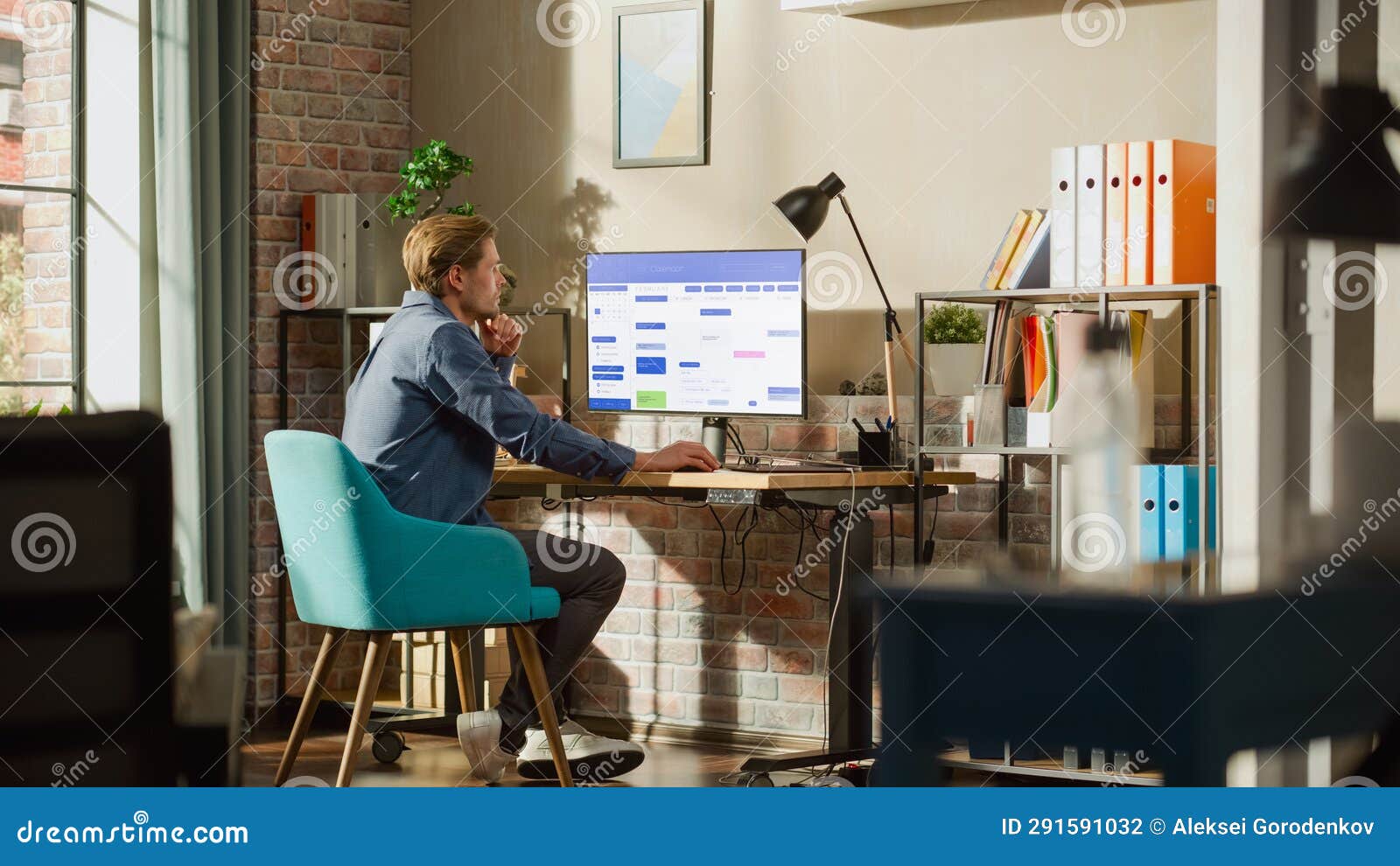 Remote Work Concept: Man Using Desktop Computer with Office Software To ...