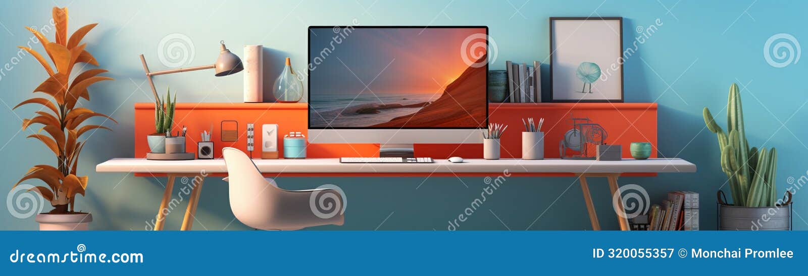 Remote Work Environment with Standing Desk, Flat Design, Side View ...