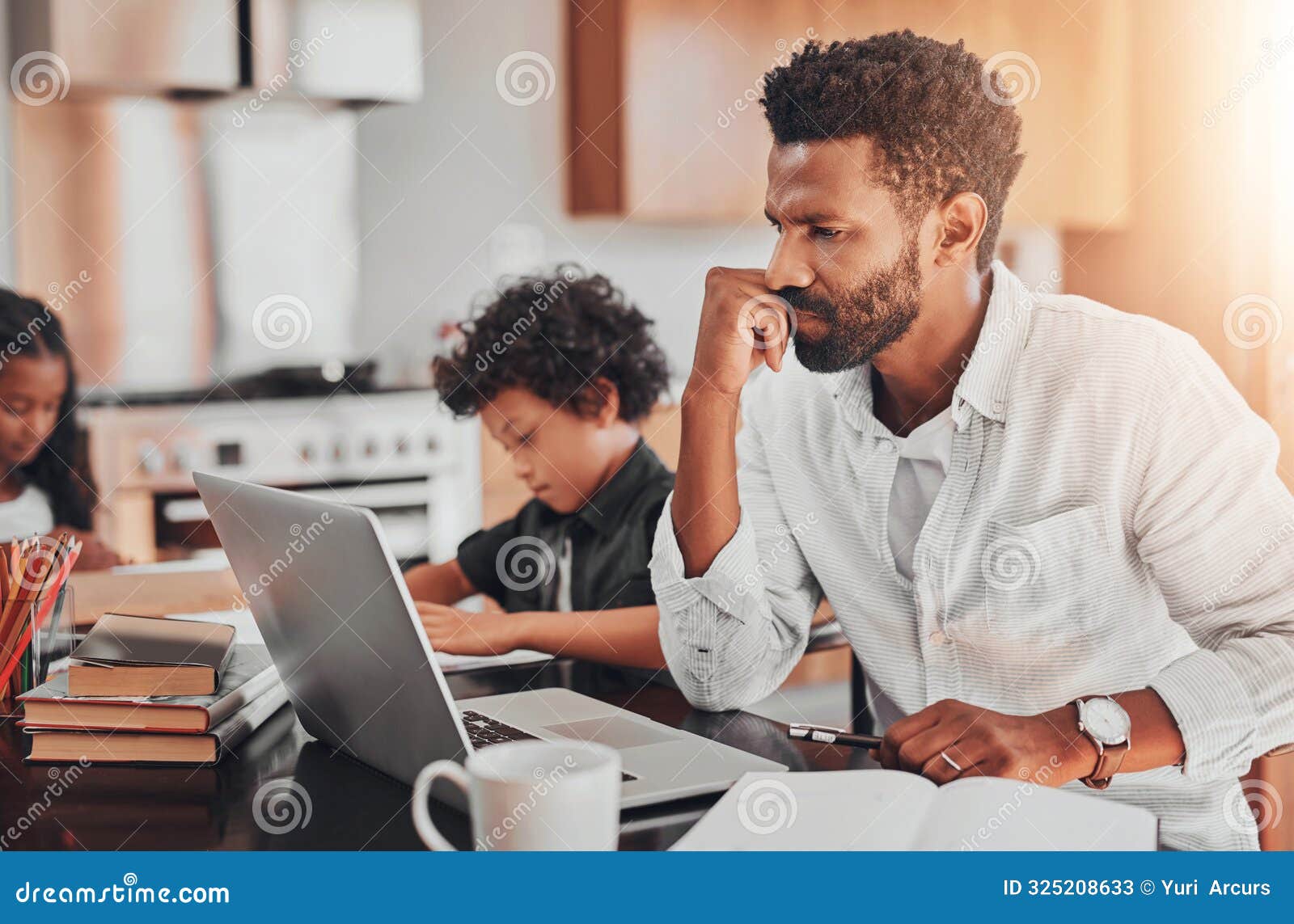 Remote Work, Father Thinking and Man on Laptop for Reading Email, Solution or Problem Solving ...