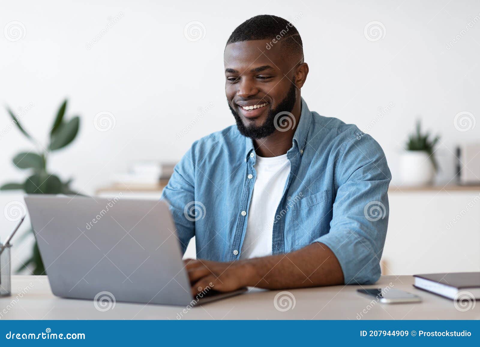 Remote Work. Handsome Black Freelancer Guy Working on Laptop at Home ...