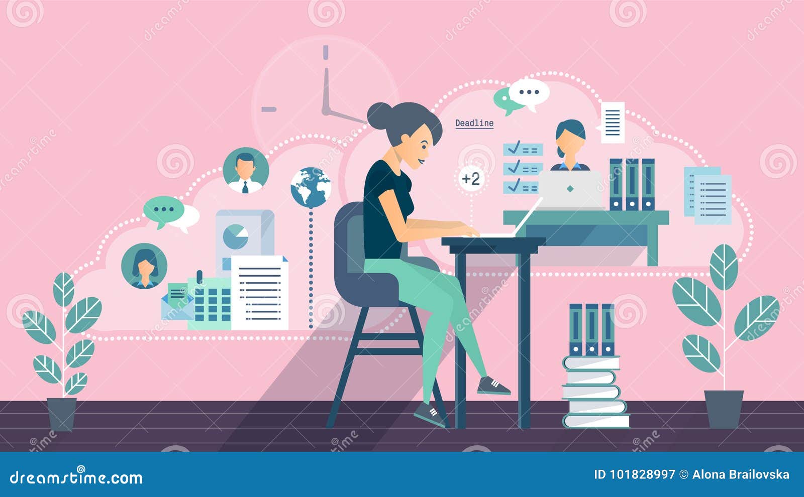 Young Happy Girl Working from Home Stock Vector - Illustration of ...