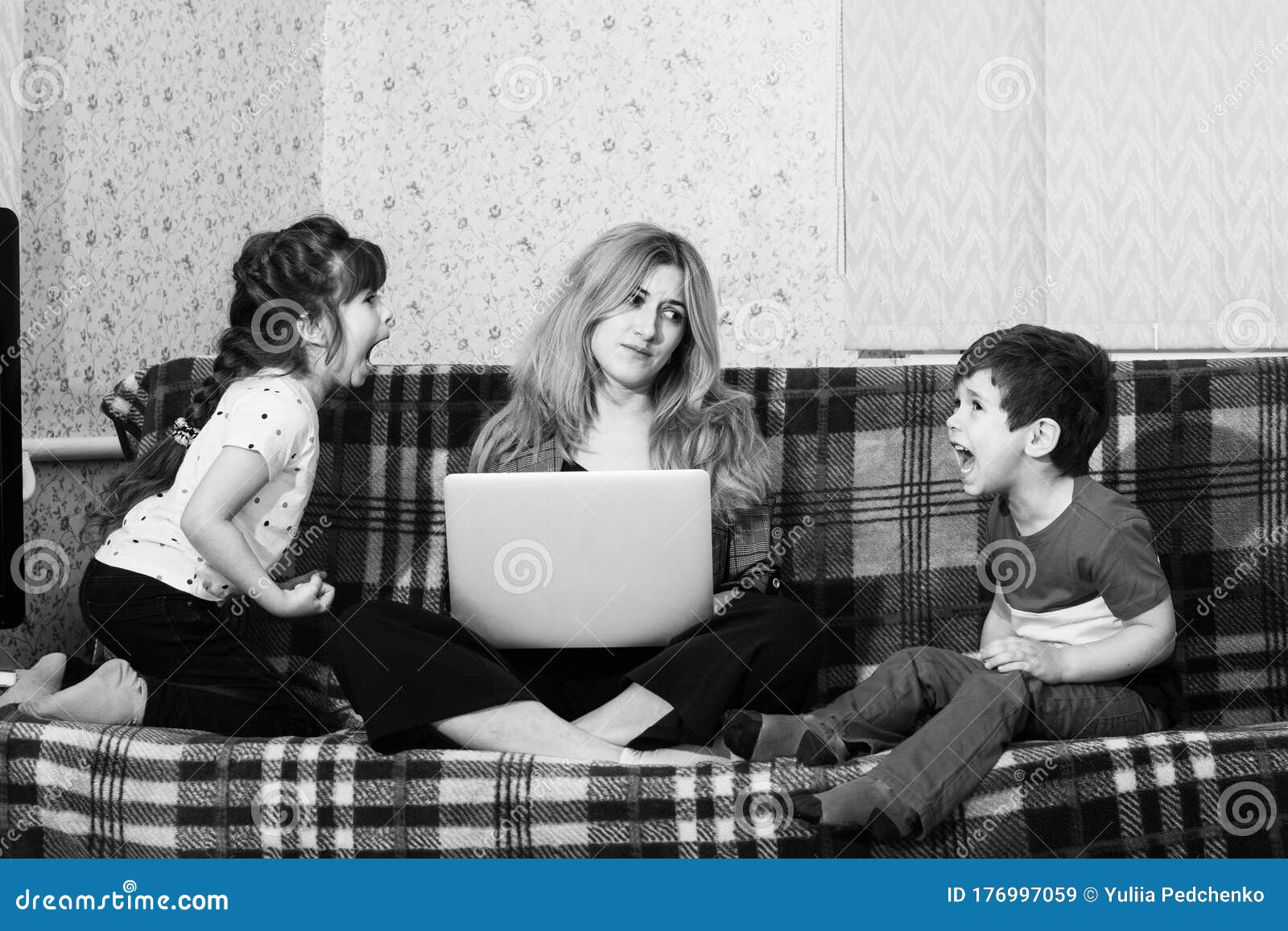 Remote Work from Home. Young Mom in Shock Working on Computer with ...