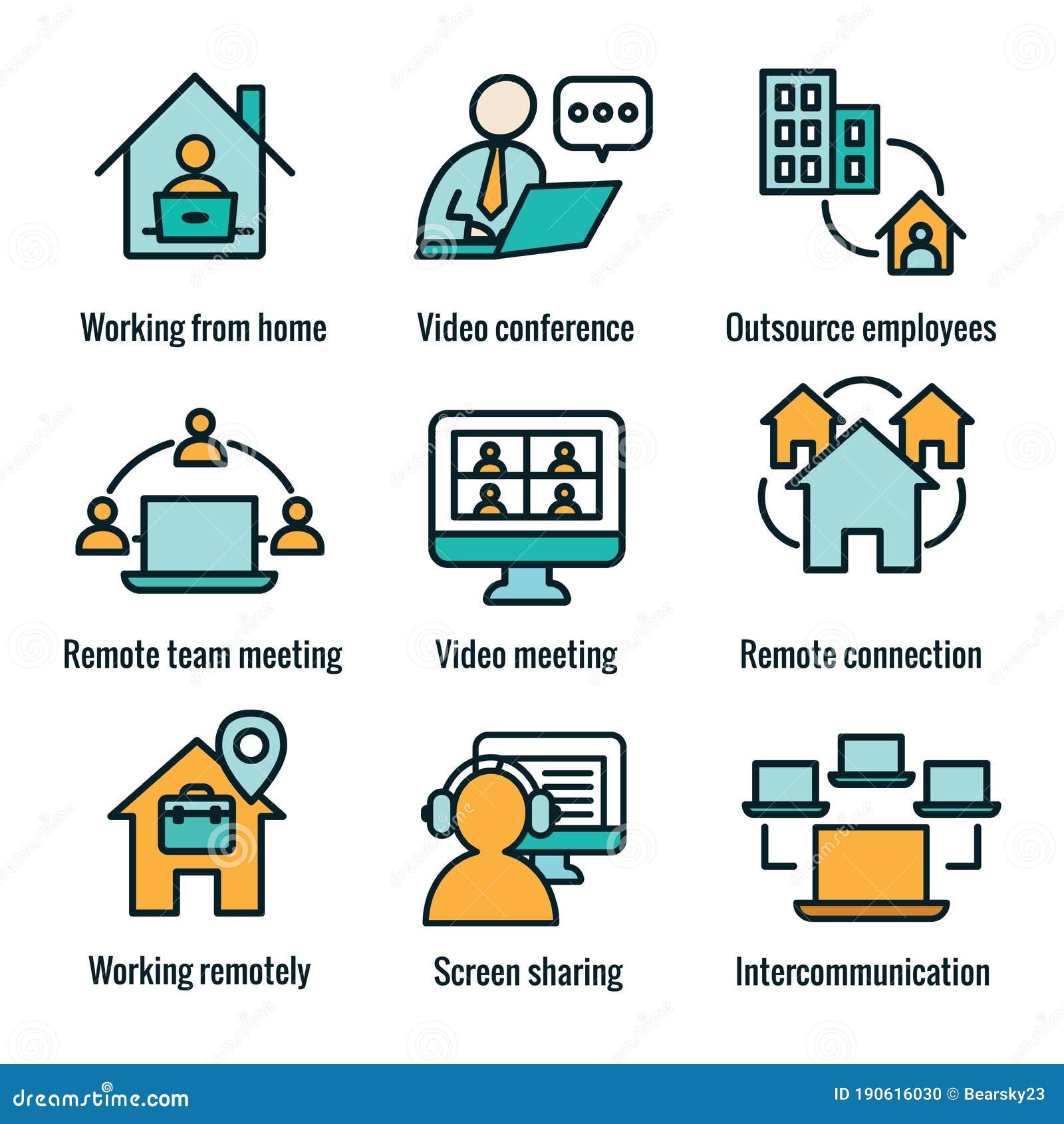 Remote Work Icon Set with Work from Home, Video Meetings, Etc Stock ...