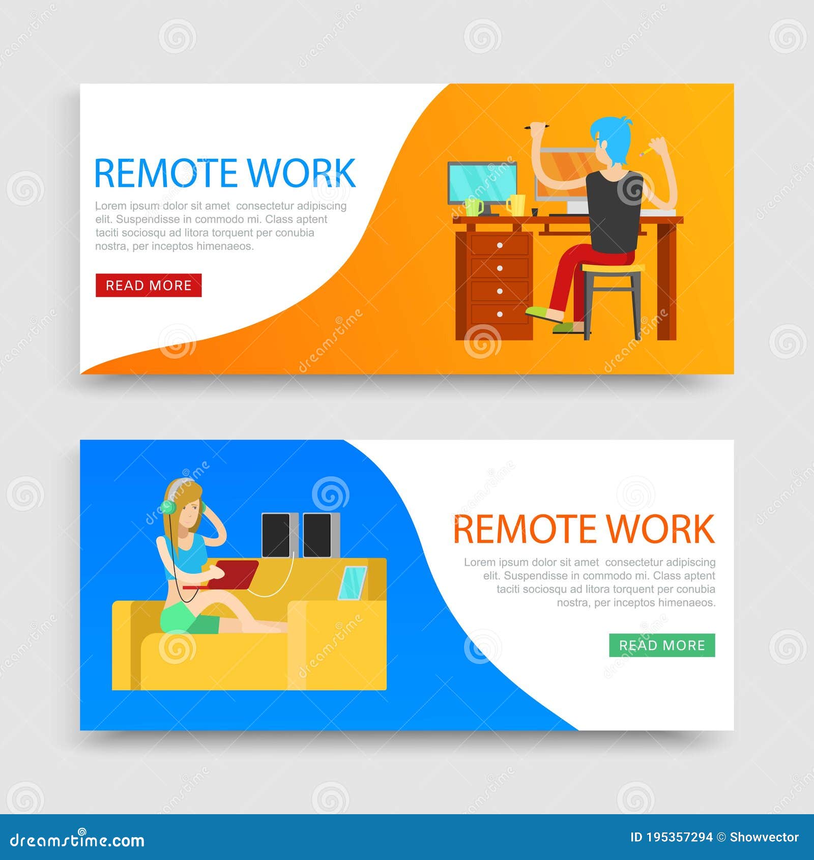Remote Work Inscription on Set Banners, Workplace, Work through ...