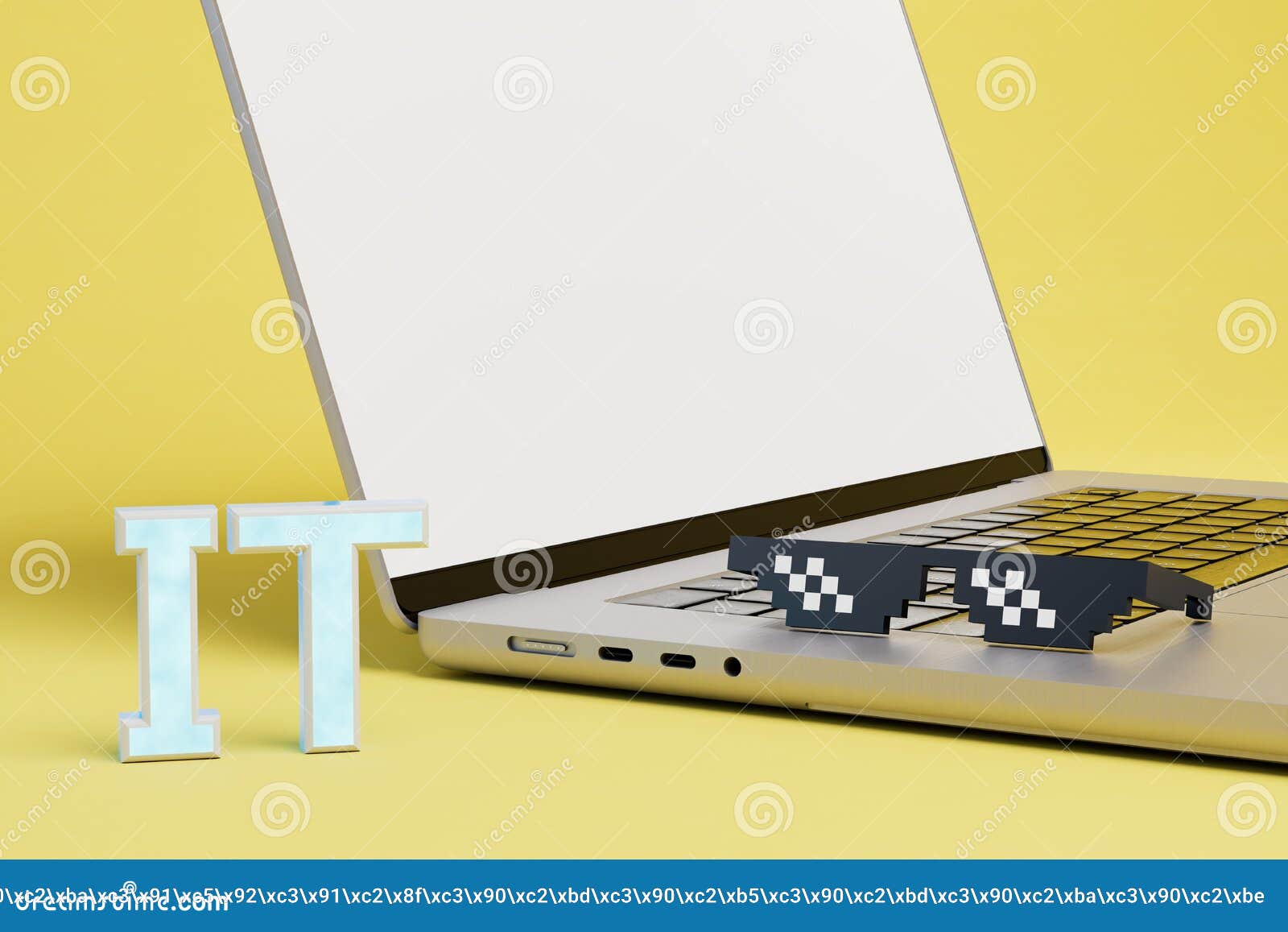 Remote Work on the Internet. Start in it. a Laptop with Black Pixel ...