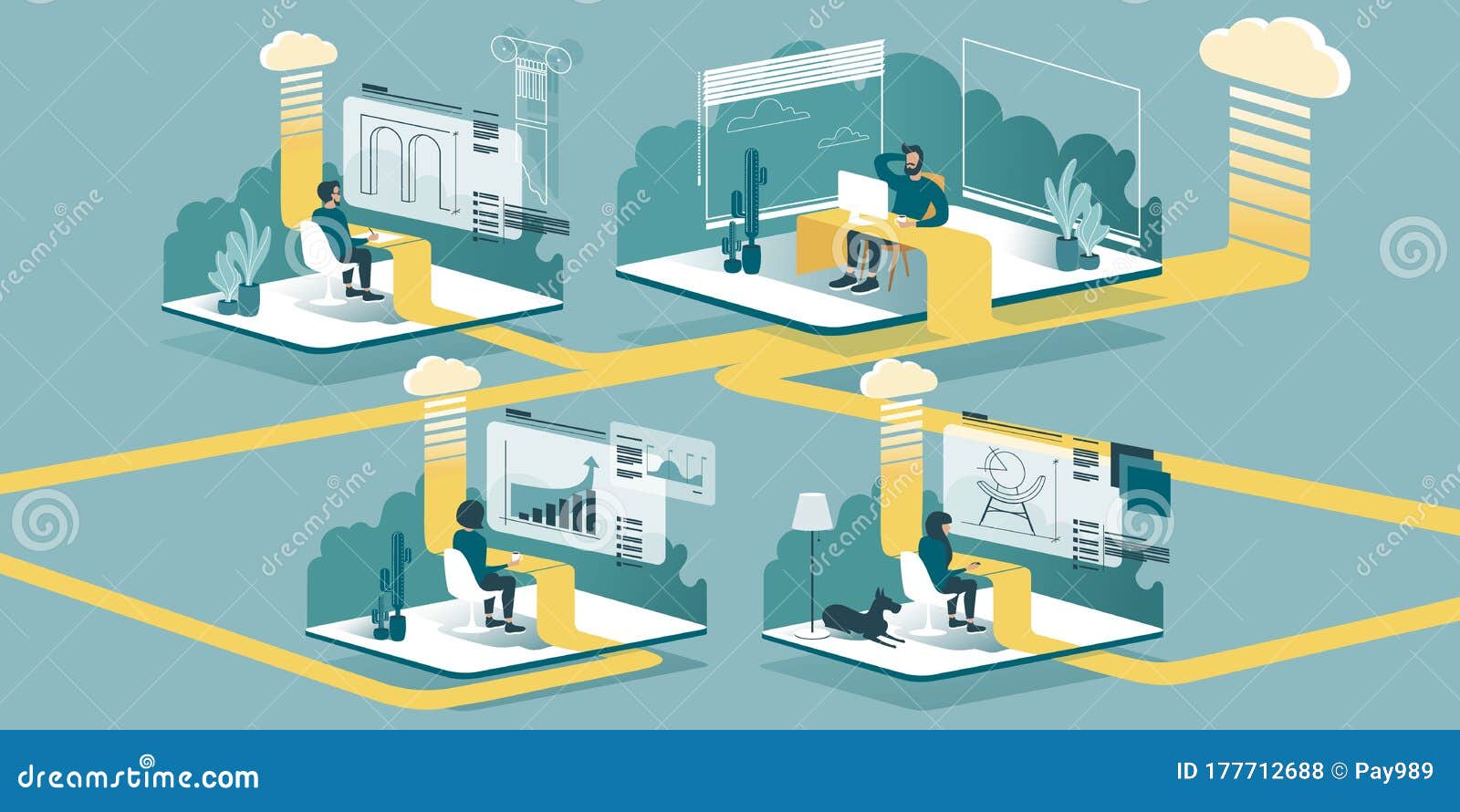 Remote Work and Learning with Cloud Technology Stock Illustration ...