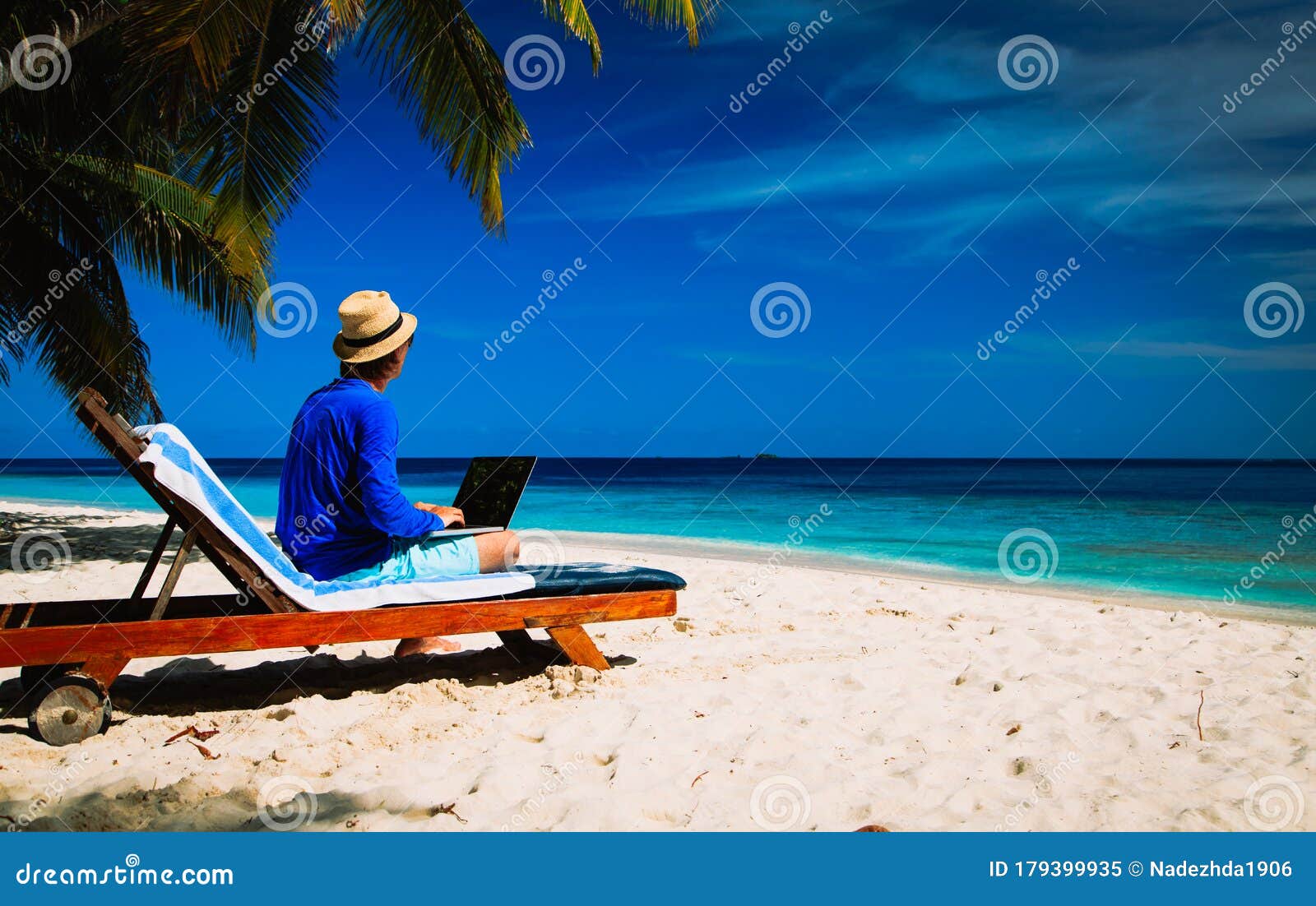 Remote Work -man with Laptop on Beach Stock Image - Image of ...