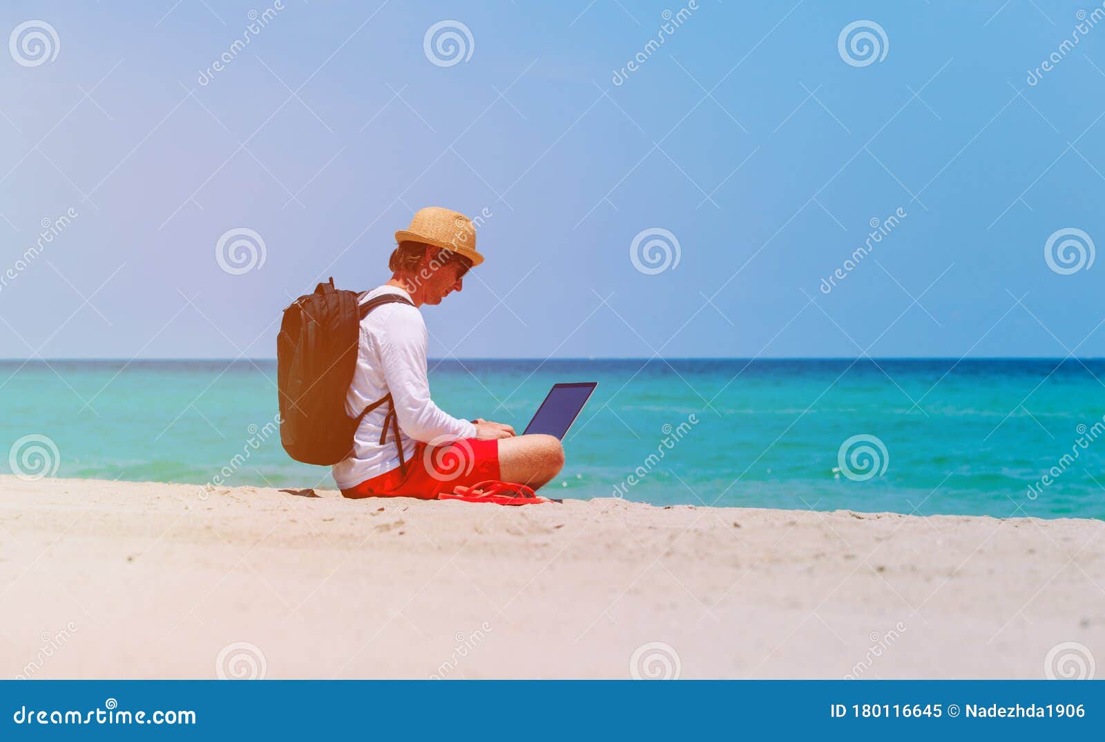 Remote Work -man with Laptop on Beach Stock Image - Image of island ...