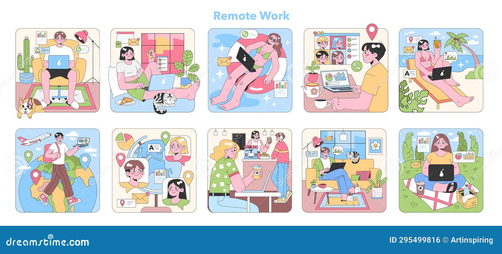Remote Work Set. Flat Vector Illustration Stock Vector - Illustration ...