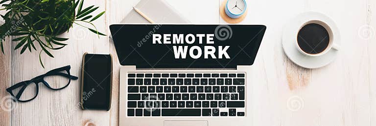 Remote Work Setup with Laptop, Coffee, and Workspace Essentials Stock ...