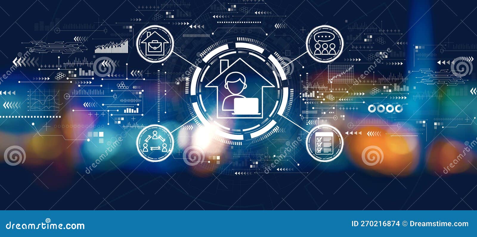 Remote Work Theme with Blurred City at Night Stock Illustration ...