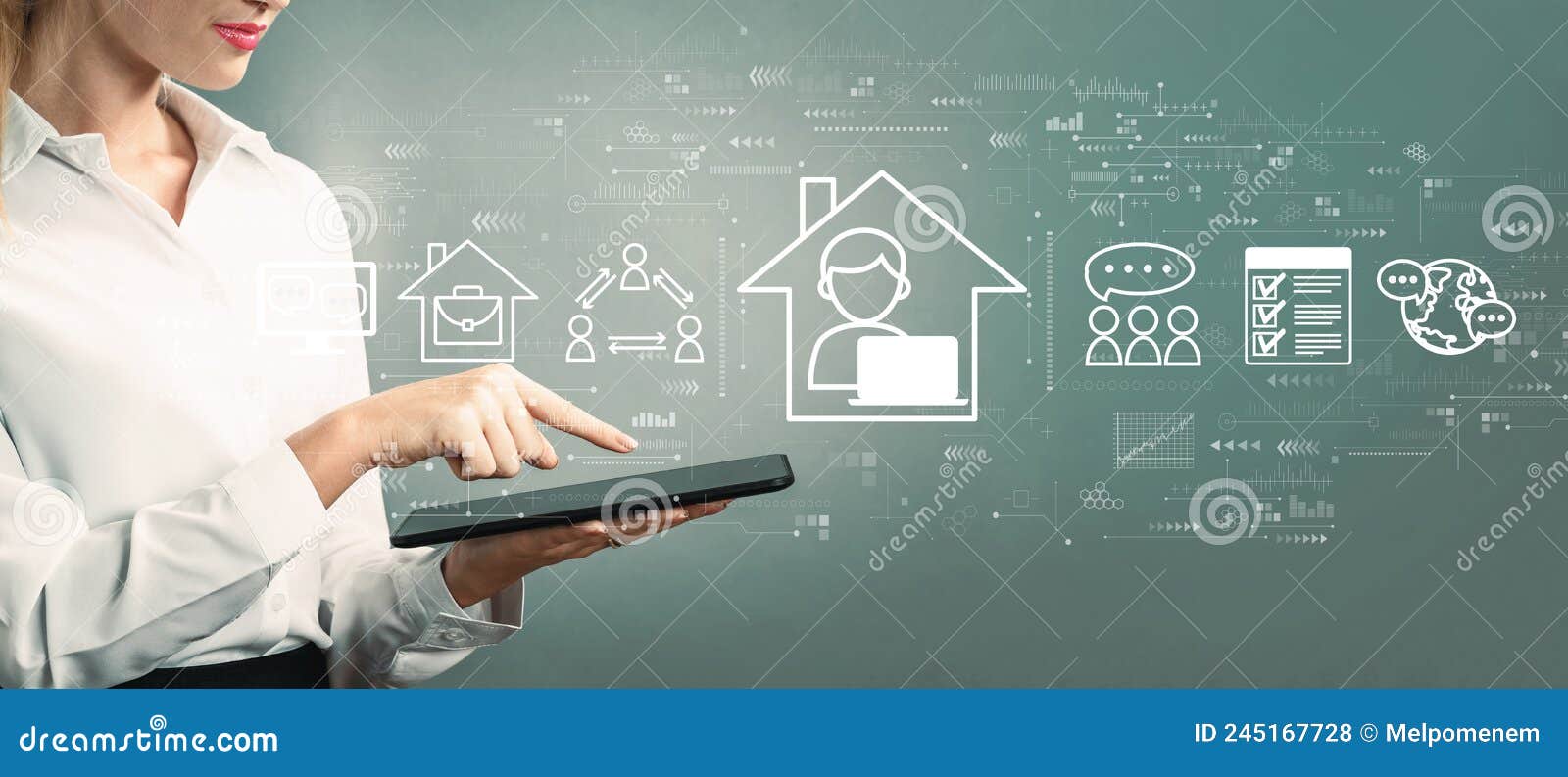 Remote Work Theme with Business Woman Using a Tablet Stock Photo ...