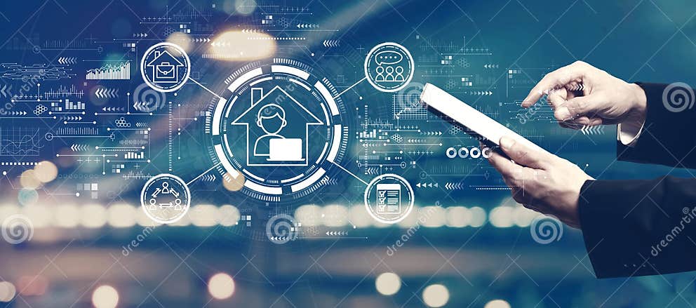 Remote Work Theme with Businessman Using a Tablet Stock Photo - Image ...