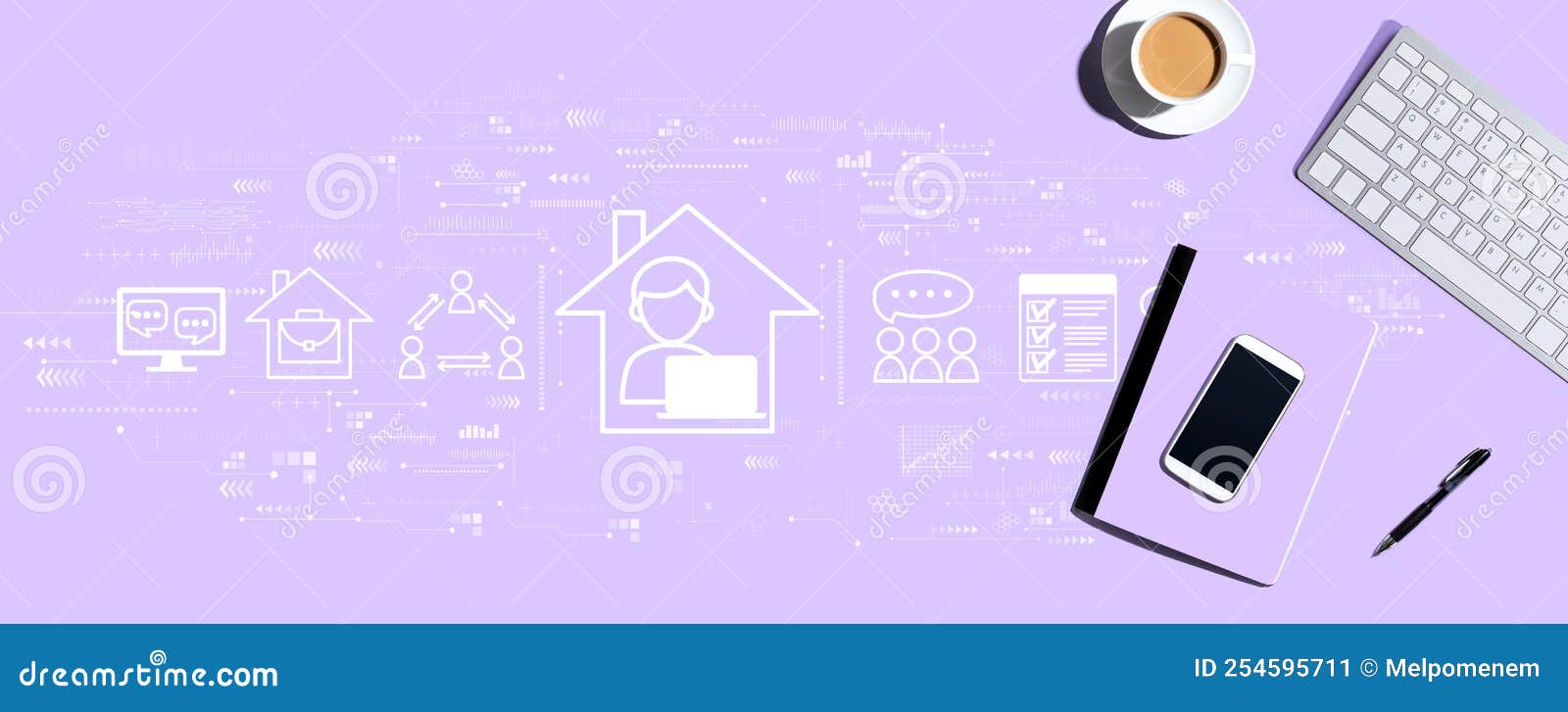 Remote Work Theme with Computer Keyboard and Office Items Stock Image ...