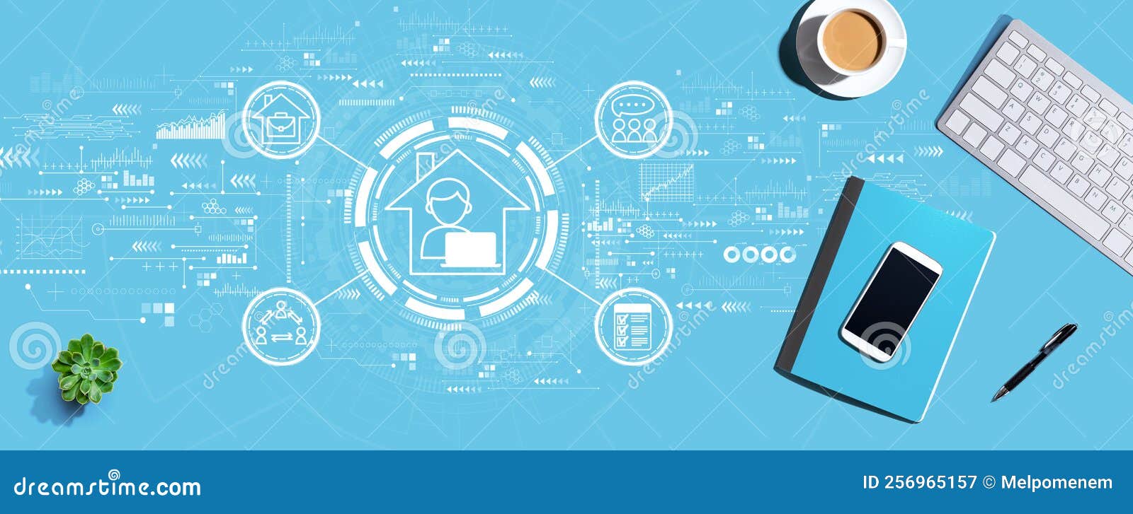 Remote Work Theme with Computer Keyboard and Office Items Stock Image ...