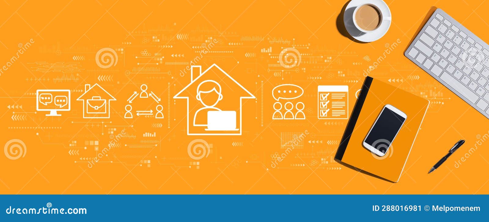 Remote Work Theme with Computer Keyboard and Office Items Stock Image ...