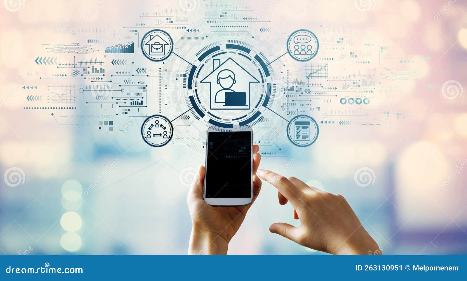 Remote Work Theme with Hand Pressing a Smartphone Stock Image - Image ...