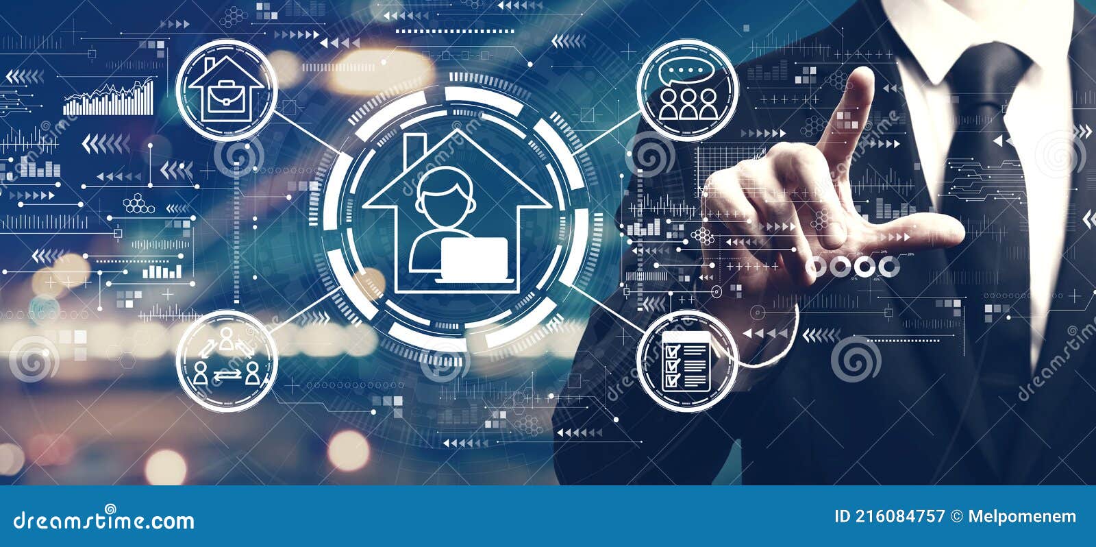 Remote Work Theme with a Man on City Background Stock Illustration ...