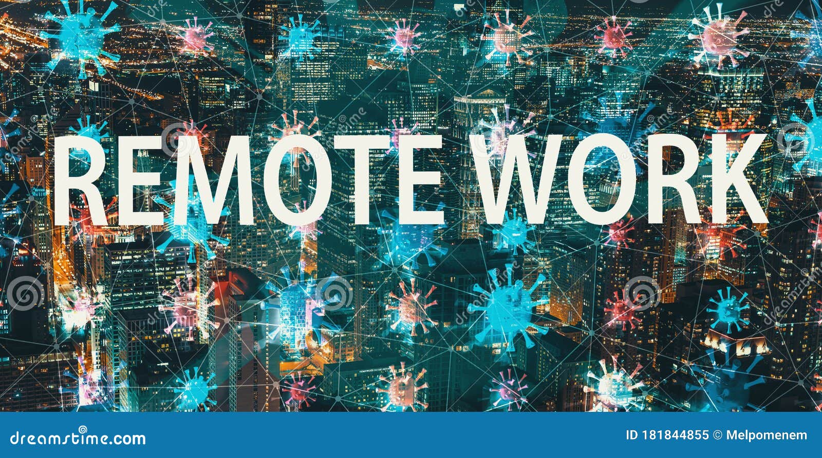 Remote Work Theme with Night Cityscape Stock Image - Image of ...