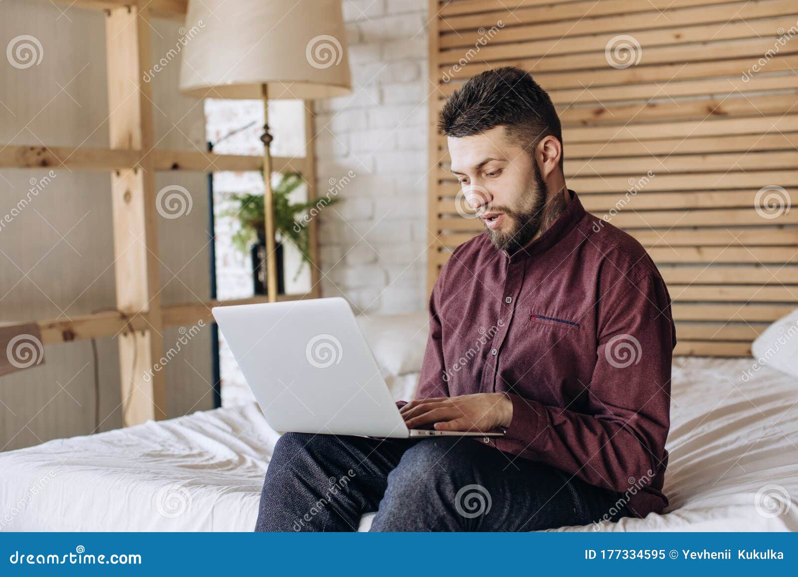 Remote Work. Young Man Working at Computer at Home Stock Image - Image ...