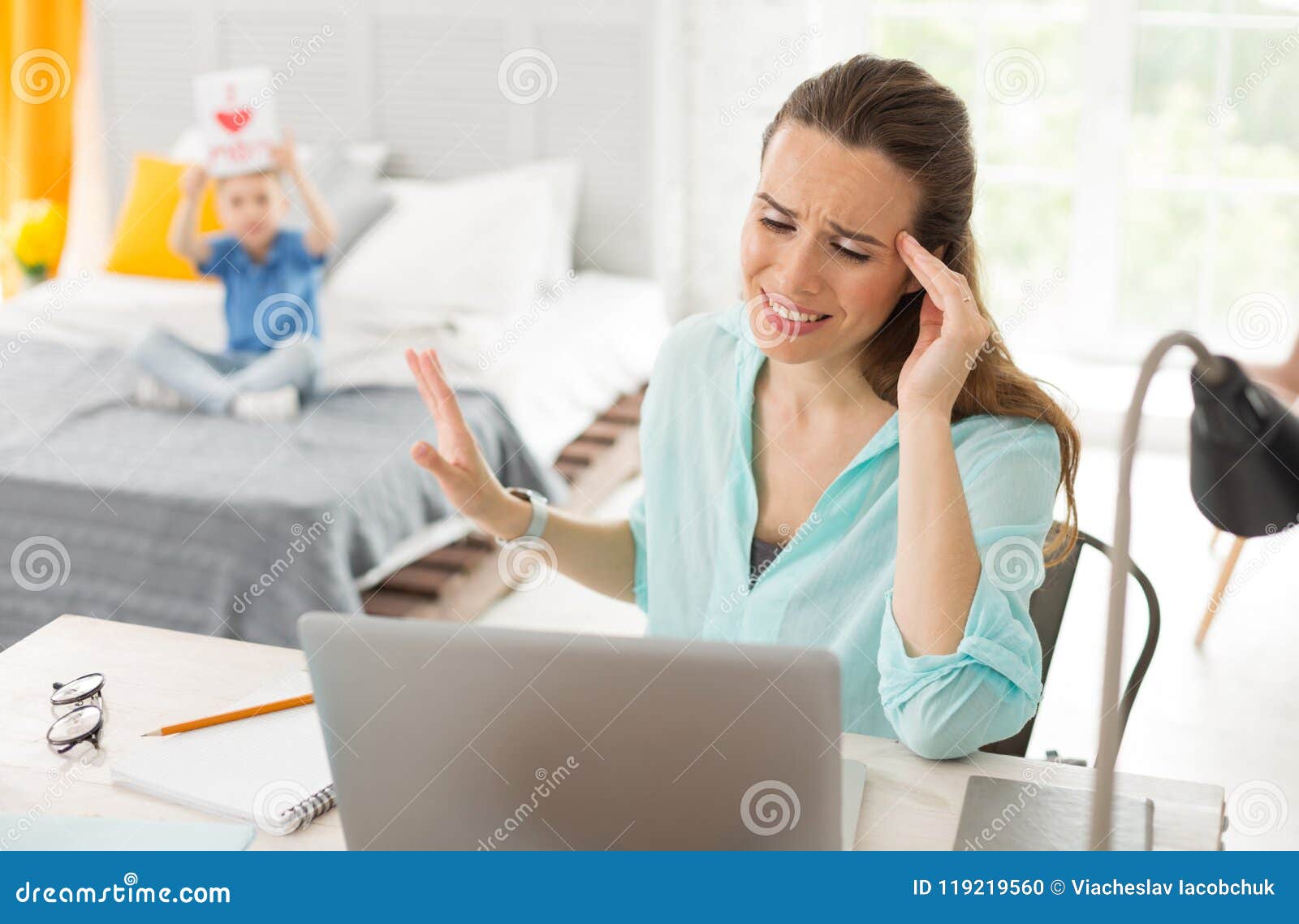 Remote Worker Feeling Disturbed by Her Little Son Stock Photo - Image ...