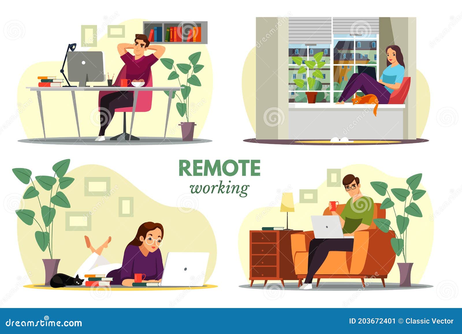 Remote Workers Working at Home Office Scenes Set Stock Vector ...