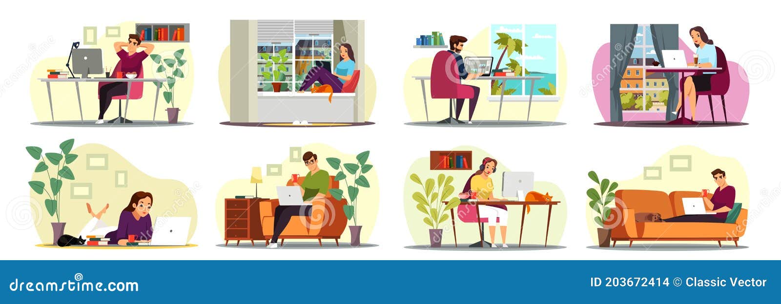 Remote Workers Working at Home Office Scenes Set Stock Vector ...