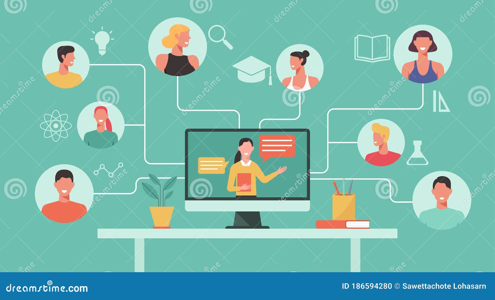 Woman Teacher Teaching Man and Woman Student on Computer Screen ...