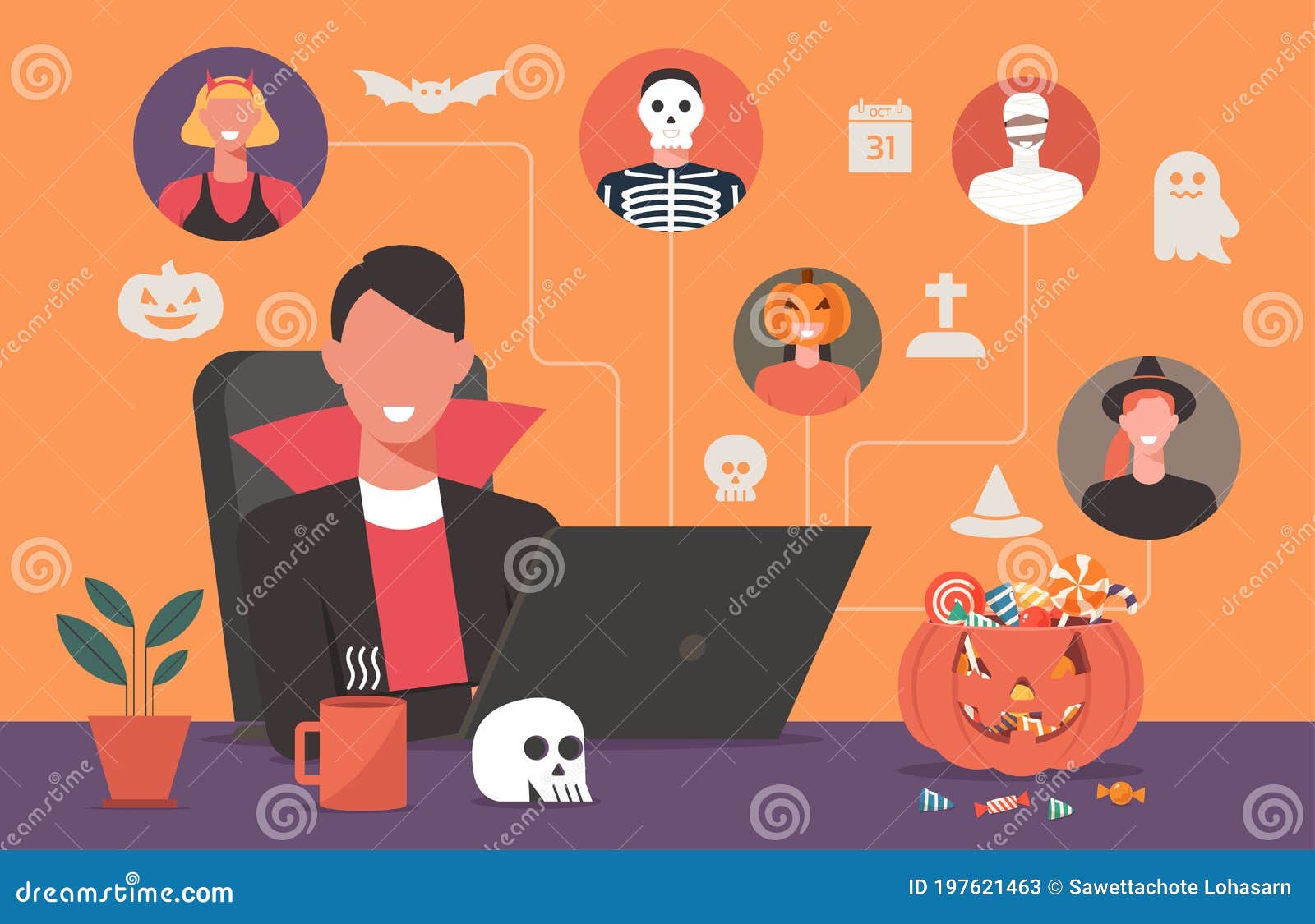 People in Horror Costumes Connecting Together Online on Computer To ...