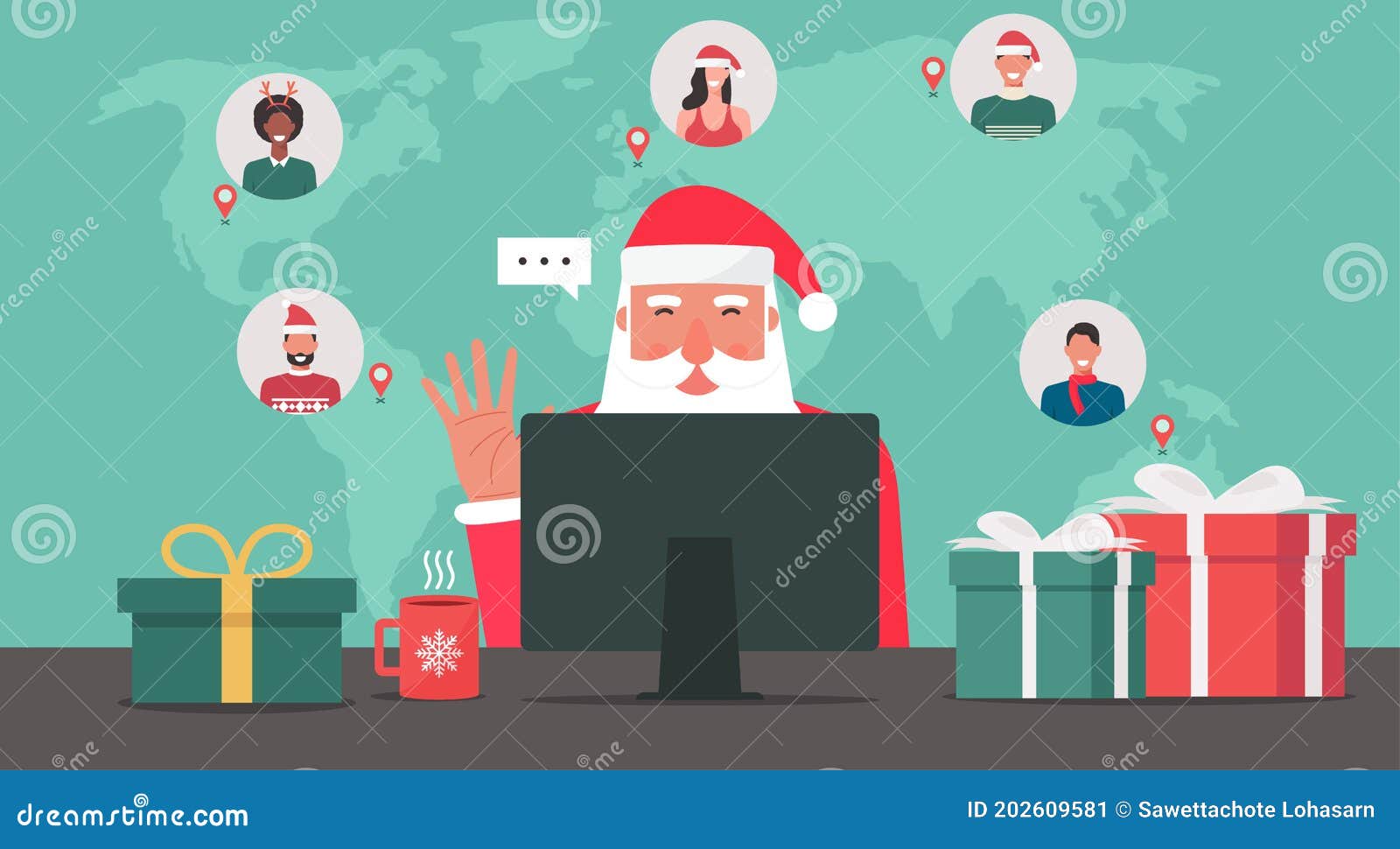 Modern Santa Claus Sitting and Using Computer Connecting To People ...